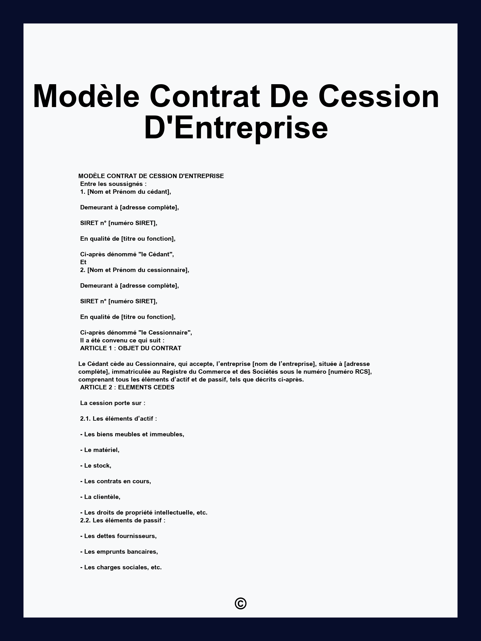 Modèle Contrat De Cession D'Entreprise